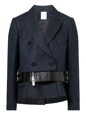 Sacai Leather-paneled Asymmetric Wool Jacket - C Gray Black