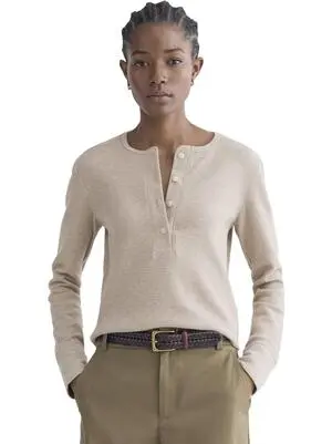 Everlane Boxy Henley Waffle Cotton Sweater Heathered Oatmeal