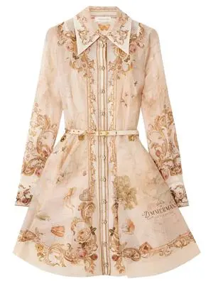 Zimmermann Belted Printed Linen And Silk-blend Mini Dress - Cream
