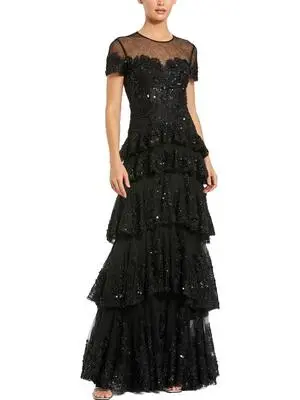 Mac Duggal Short Sleeve Tiered Mesh Gown With Embellishments - Black