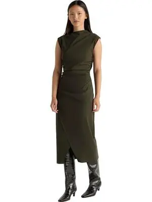 Modern Citizen MODERN CITIZEN Manon Asymmetric Neck Ruched Dress Olive