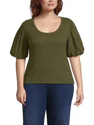 LANDS' END Drapey Rib Puff Sleeve Top - Olive Drab