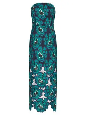 MILLY Kait Blue Bloom Strapless Midi Dress - Turquoise