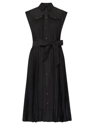 MILLY Johanna Pleated Twill Midi Dress - Black