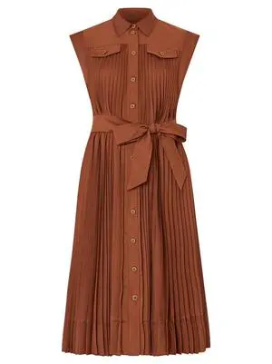 MILLY Johanna Pleated Twill Midi Dress - Brown