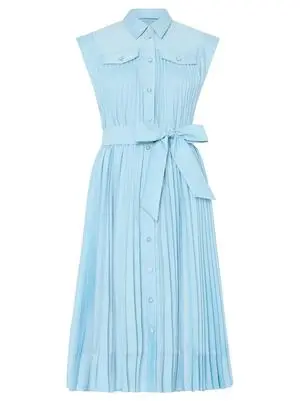 MILLY Johanna Pleated Twill Midi Dress - Mineral Blue