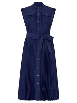 MILLY MILLY Johanna Pleated Twill Midi Dress Navy