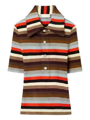 Tory Burch Striped Ribbed Polo Shirt - Red