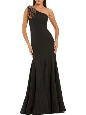 Mac Duggal Crepe One-shoulder Beaded Mermaid Gown - Black Multi
