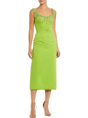 Mac Duggal Beaded Crepe Sleeveless Sheath Midi Dress - Pear