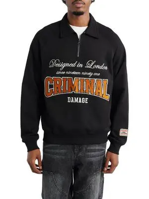 CRIMINAL DAMAGE Oversize Half Zip Polo Sweatshirt - Black