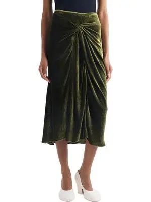 Dries Van Noten Smila Twist Front Velvet Midi Skirt - Khaki