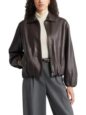 Nordstrom Bubble Hem Leather Bomber Jacket - Brown Torte