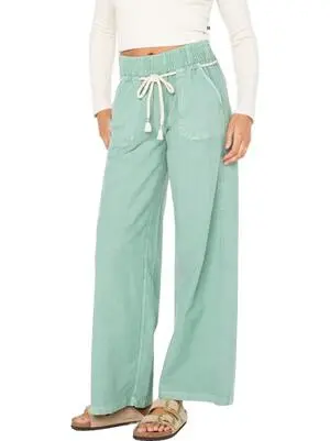 Roxy Drawstring Cotton And Linen Pants Granite Green