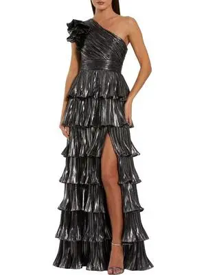 Mac Duggal Metallic Pleated Tiered Ruffle One Shoulder Gown - Gunmetal