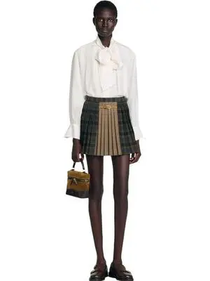 Sandro Check Pattern Pleated Mini Skirt With Buckled Leather Strap - Ocher/blue