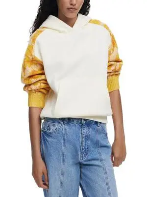 Desigual Mixed Media Hoodie - Ivory/yellow