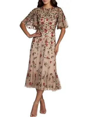 Mac Duggal Floral Beaded Mesh Flutter Sleeve Midi Dress - Antique Rose
