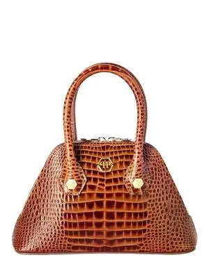 Philipp Plein Small Majestic Cocco Shiny Handle Bag - Brown