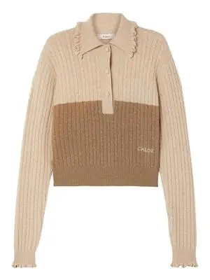 CHLOÉ Cable-Knit Wool Polo Sweater With Ruffle Trim