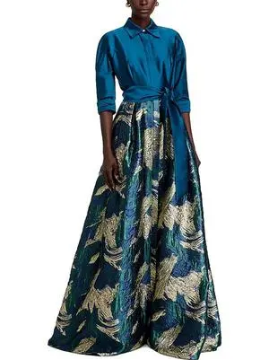 Rickie Freeman For Teri Jon Taffeta Jacquard Shirt Gown - Peacock Gold
