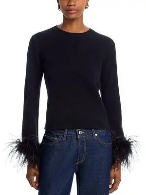 Aqua 100% Cashmere Feather Trim Crewneck Sweater - Black