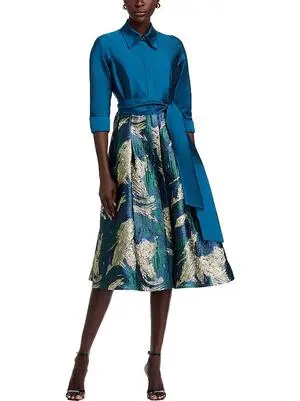 Rickie Freeman For Teri Jon Taffeta Jacquard Shirt Dress - Peacock Gold