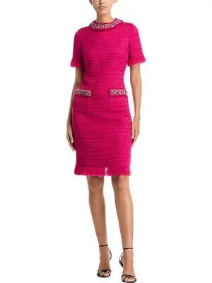 Rickie Freeman For Teri Jon Embellished Tweed Sheath Dress - Lipstick Pink