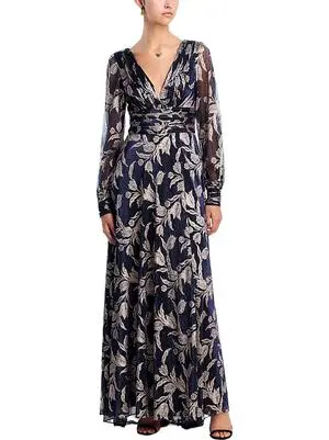 Aqua Metallic Leaf Gown - Navy/rose
