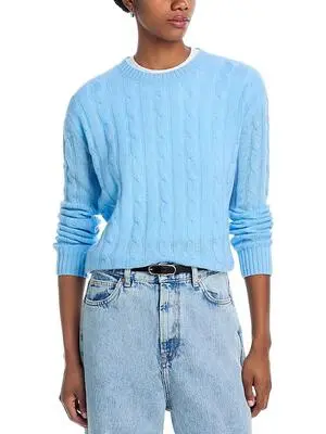 Aqua Cable Knit Crewneck Cashmere Sweater - Bright Sky