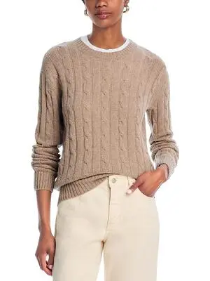 Aqua Cable Knit Crewneck Cashmere Sweater - Wheat