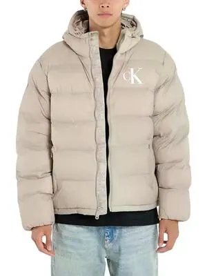 Calvin Klein Monogram-logo Hooded Puffer Jacket - Neutrals