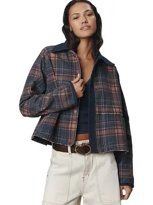 PILCRO Pilcro The Lexie Cropped Workwear Jacket Navy Plaid Combo