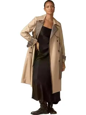 Avec Les Filles Plaid Belted Trench Coat - Camel & Brown Houndstooth