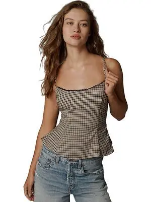 REFORMATION Genevieve Strappy Peplum Top Beige & Black Check