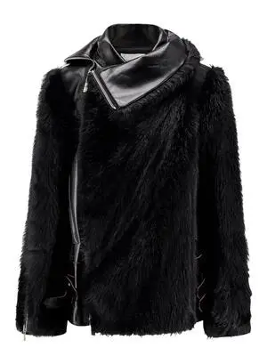 Sacai Leather Jacket With Faux Fur Inserts - Black