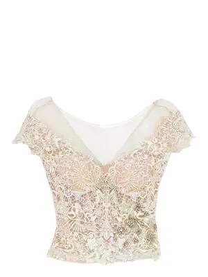 GEMY MAALOUF Bead-embellished Lace Top - Neutrals