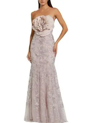 Mac Duggal Beaded Applique Mermaid Gown With Floral Detail - Mocha