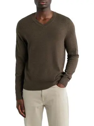 Nordstrom Cotton And Cashmere V-Neck Sweater Brown Desert Heather