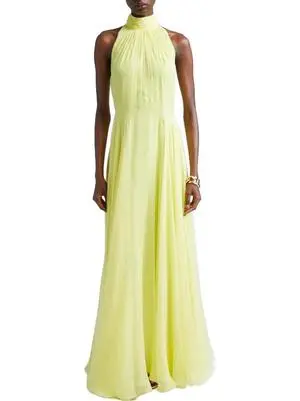 Givenchy Bow Back Pleated Silk Chiffon Gown - Acid Yellow