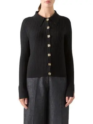 LK BENNETT Ribbed Merino Wool & Cotton Cardigan - Black