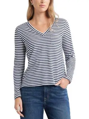 Caslon Long Sleeve V-neck T-shirt - Navy Still-white Brooke Stripe