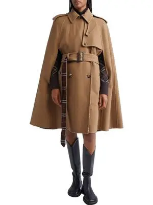 Burberry Bellemont Cape Back Wool Coat - Camel/treacle Brown Check