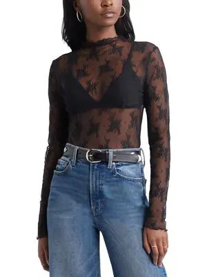 Treasure & Bond Sheer Lace Long Sleeve Top - Black