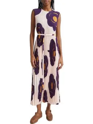Marimekko Juhlia Tumma Pleated Belted Maxi Dress - Light Pink Dark Violet Brown