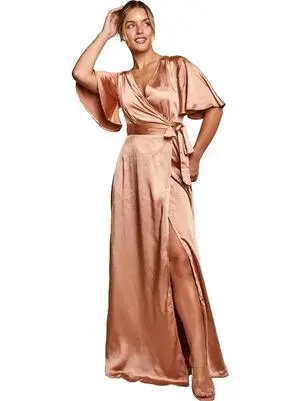 SIX STORIES Wrap Tie Satin Gown - Burnt Peach