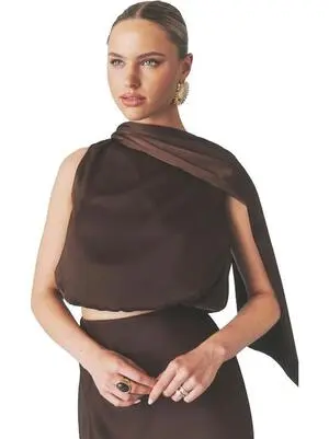 SIX STORIES Satin High Neck Top With Drape Detail Chocolate