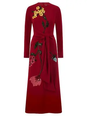 Lela Rose Floral Embroidery Tie Waist Dress - Burgundy / Purple