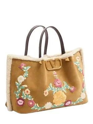 Valentino Garavani Medium Embroidered Suede Shopping Bag - Beige