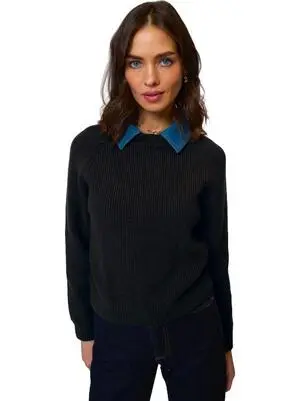 Central Park West Dash Denim Collar Pullover - Black
